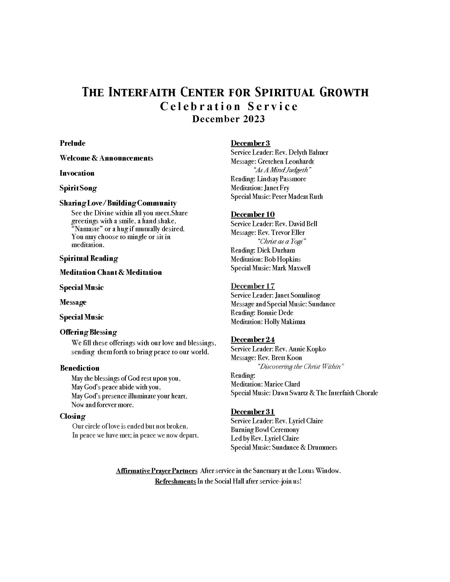 Interfaith Center Monthly Bulletin | Interfaith Center for Spiritual Growth